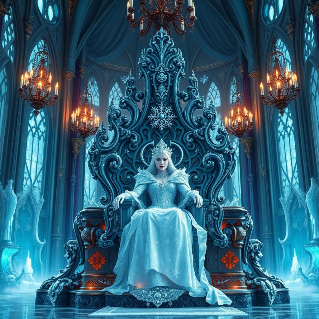 Ice Queen Reigns Supreme in Majestic Castle Throne... - AI Art