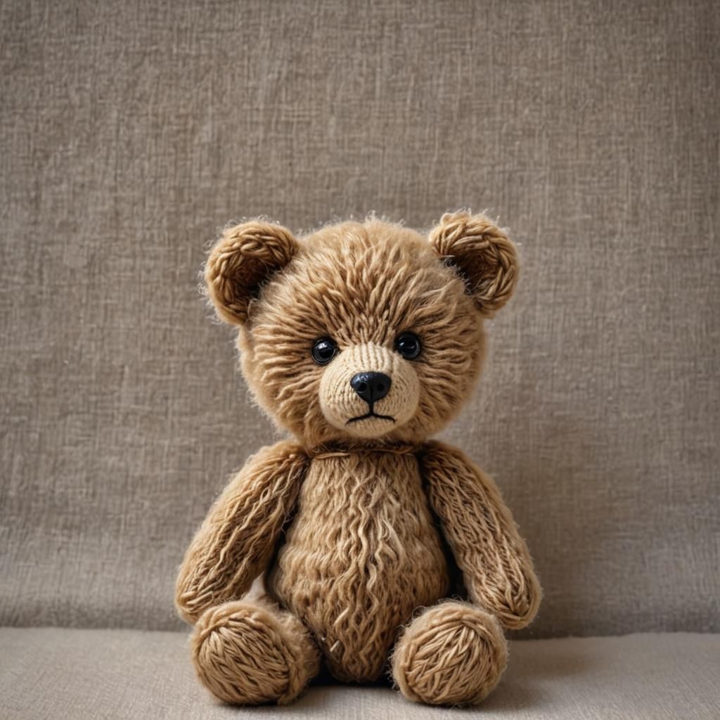 Cute and fluffy tiny baby teddy-bear. Knitted yarn. Wool. fluffy ...