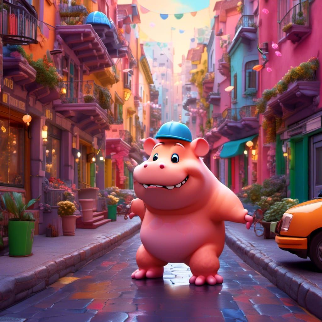 A pink, happy hippo hopping around in the city. - AI Generated Artwork ...