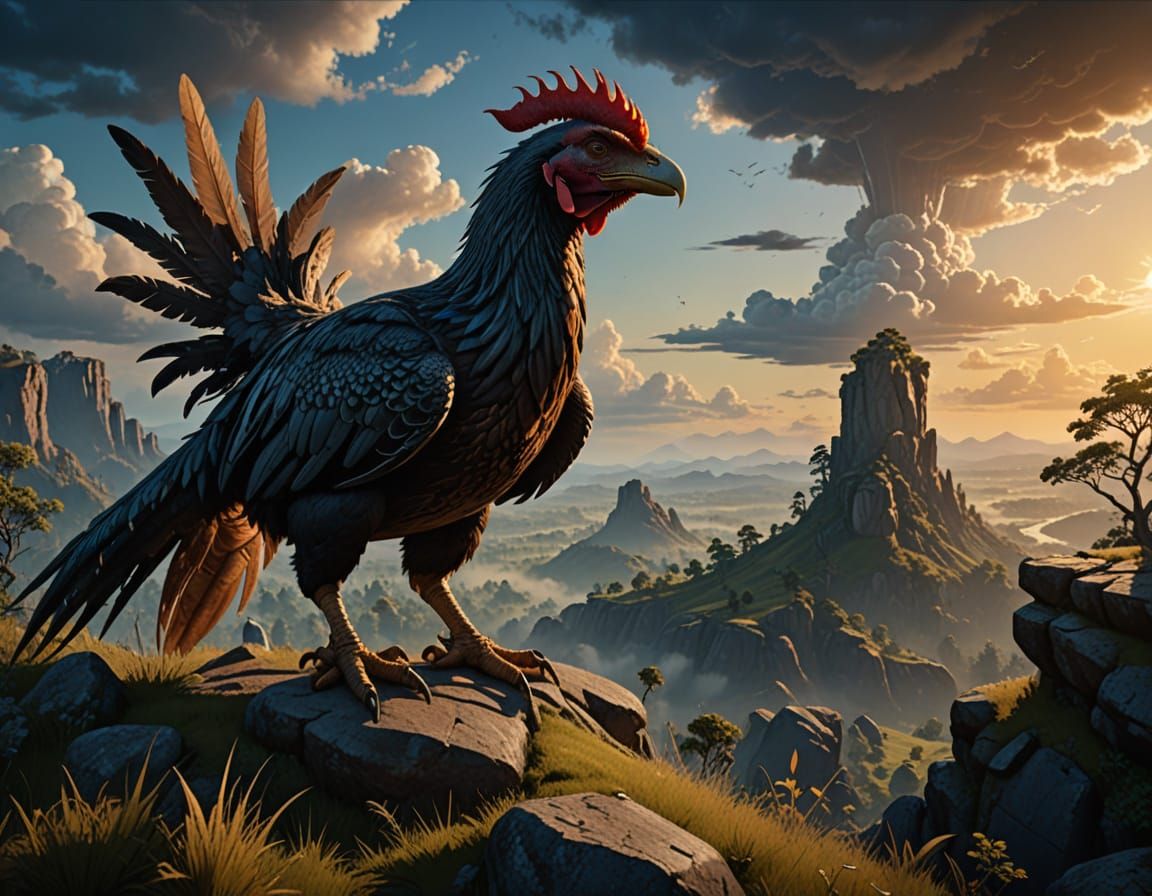 C-Rex - Hyper-Realistic Sunset Landscape with Chicken and T-...