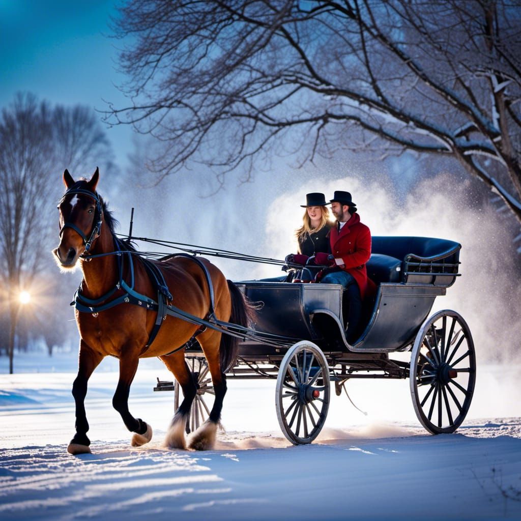 Couple in Horse-Drawn Buggy During Winter Twilight - AI Art