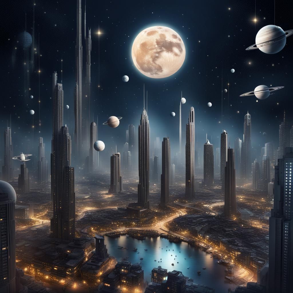 Photograph, beautiful utopia city with tall skyscrapers on the moon ...