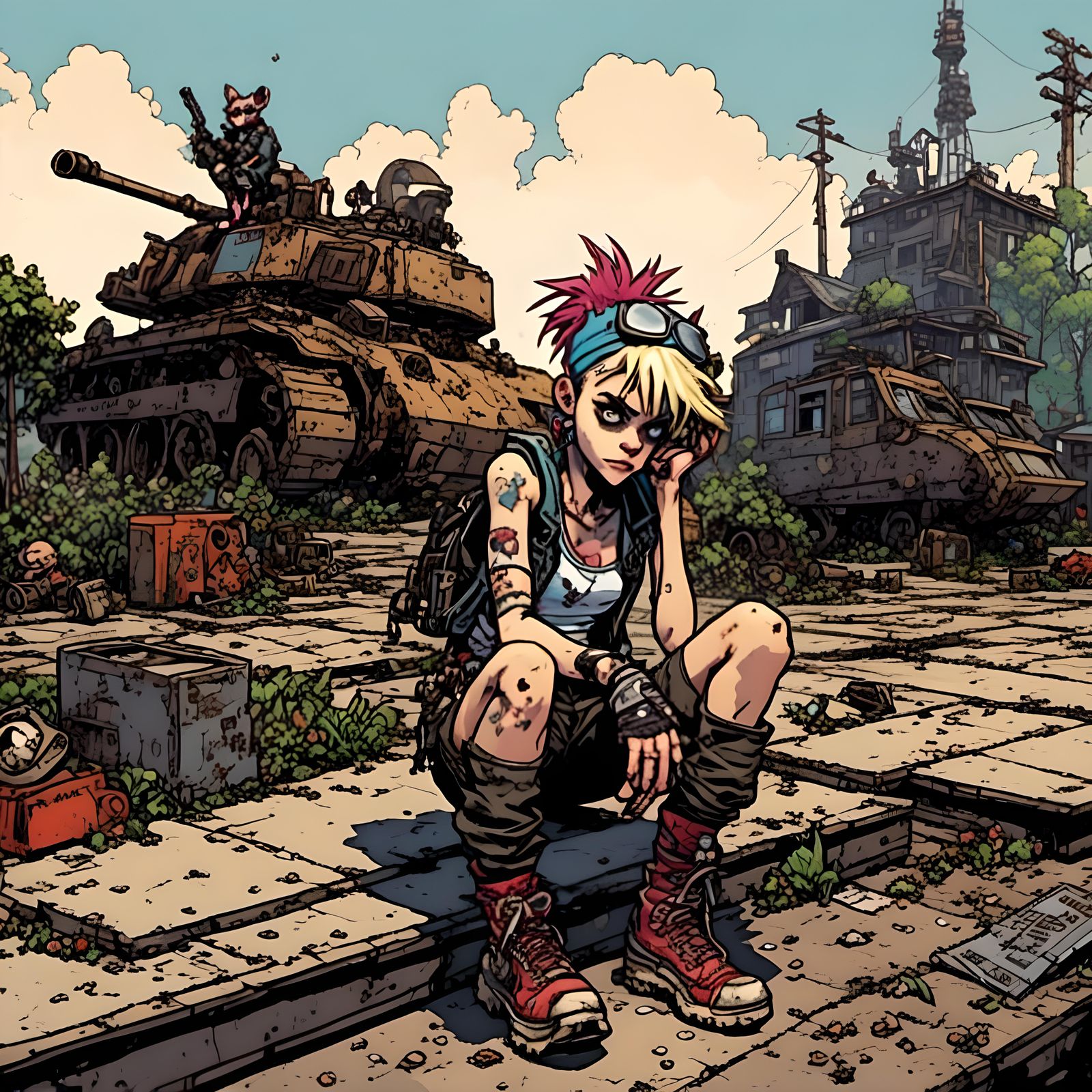 A Jamie Hewlett style comic illustration of Tank Girl crouched on a ...