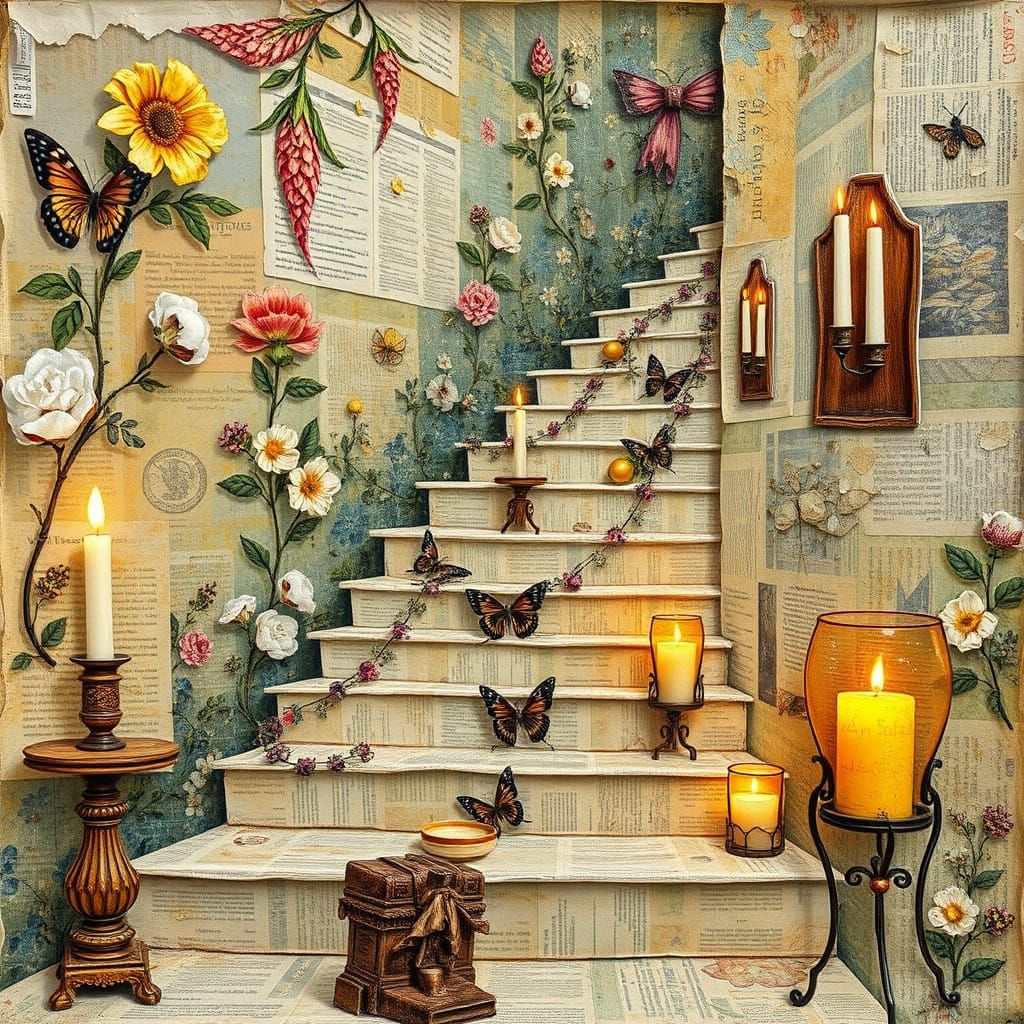 Butterfly Steps - Whimsical Staircase Dreamscape in Mixed Me...