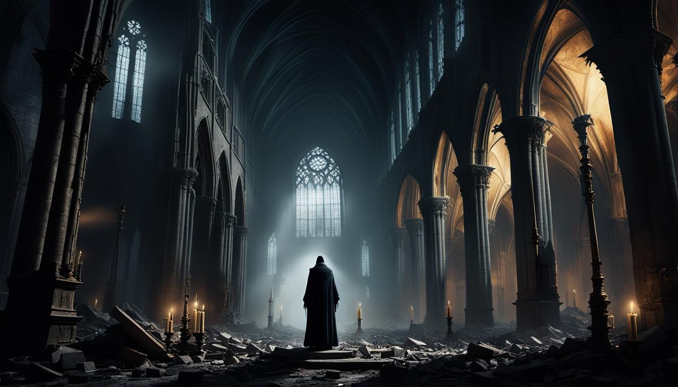 Gothic digital art. A dimly lit, abandoned cathedral. Low-angle shot ...