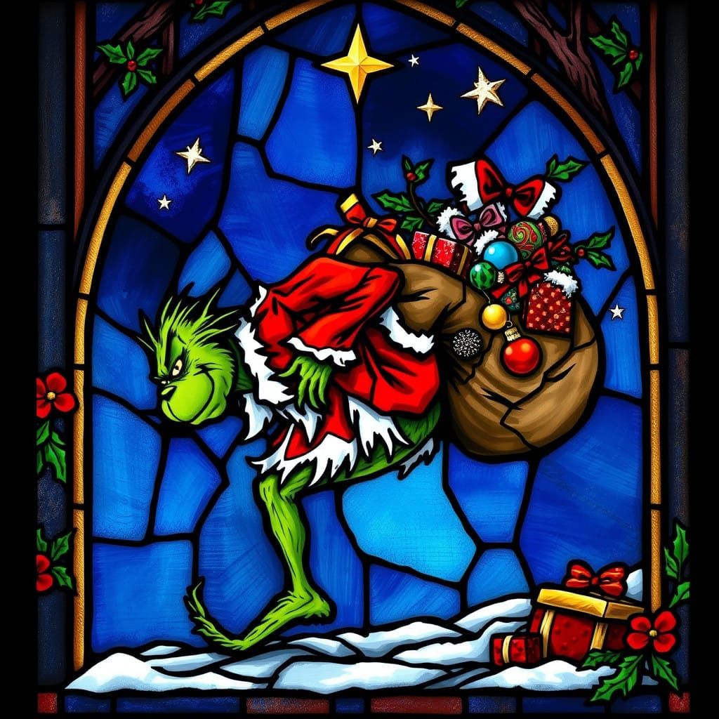 Whimsical Stained Glass Scene of the Grinch Steali... - AI Art