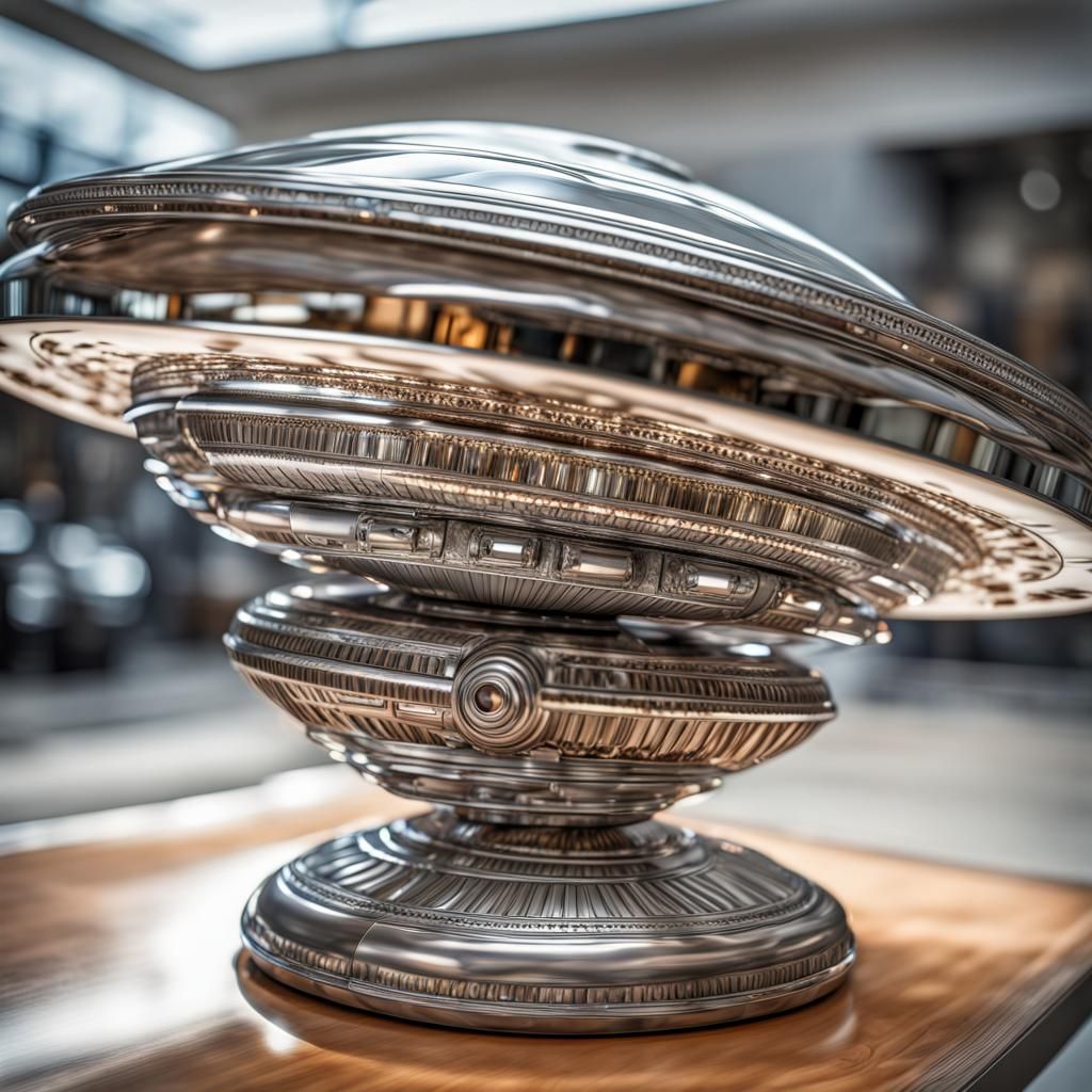 Metallic sculpture of a UFO, aluminum, shiny, elegant, intricate ...