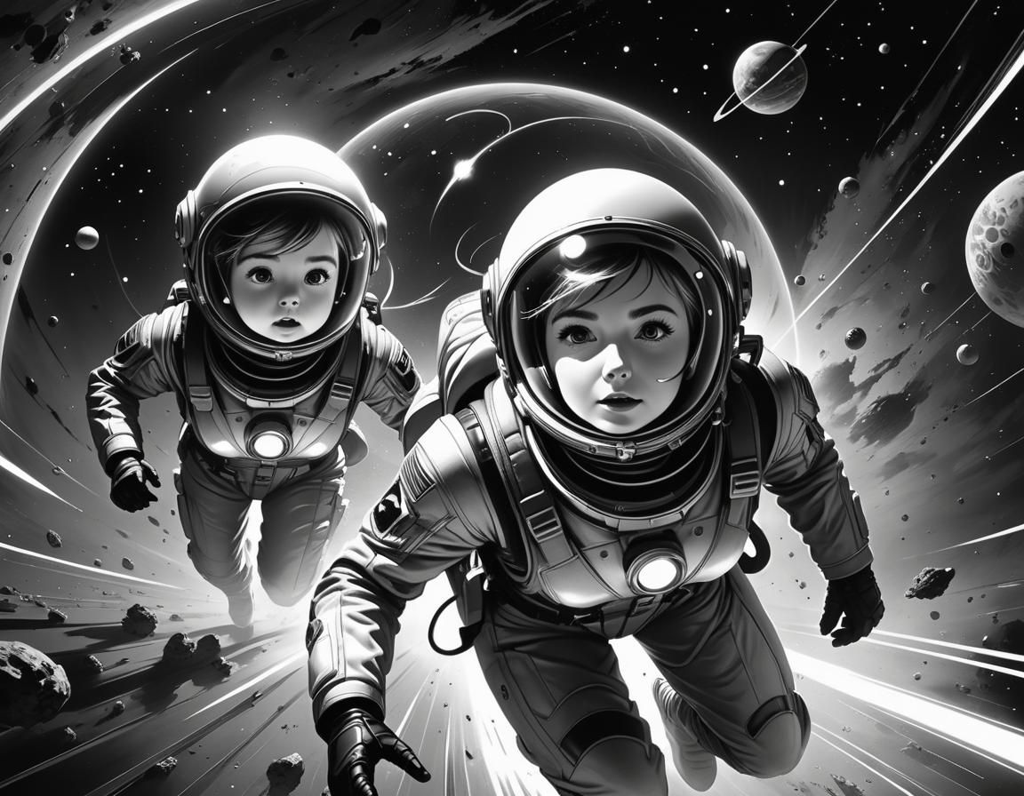 Mother and child, zooming through a meteor shower (Manga comic art ...