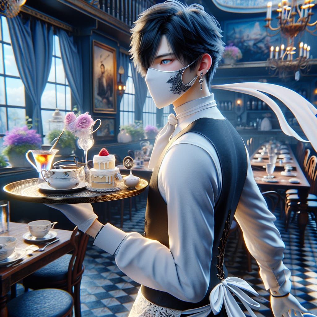 Create a detailed and intricate illustration of a café scene with deep ...