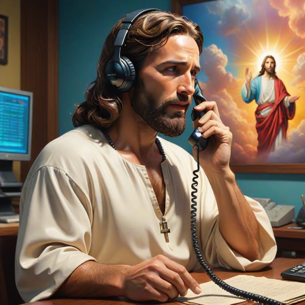 Jesus in His Heavenly Office, Talking on the Phone - AI Art