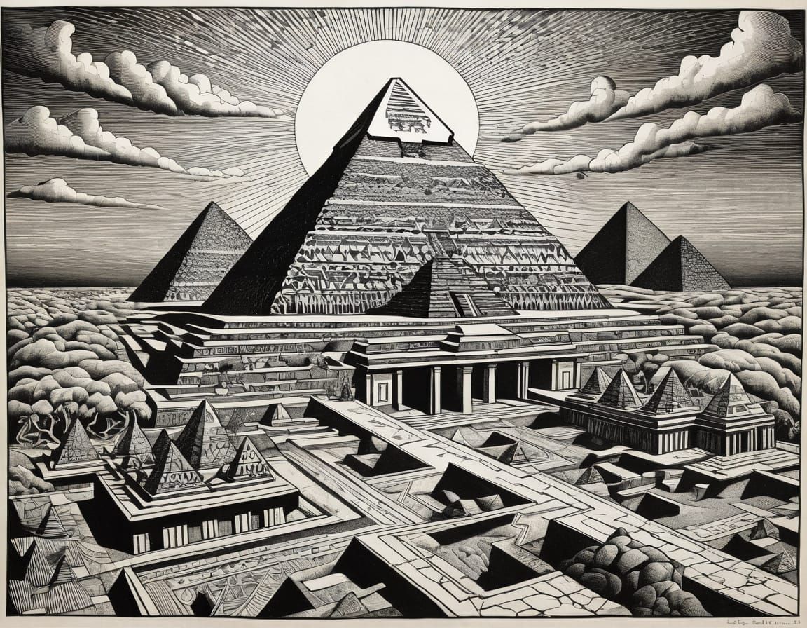 A fascinating ink drawing of the Egyptian Pyramids