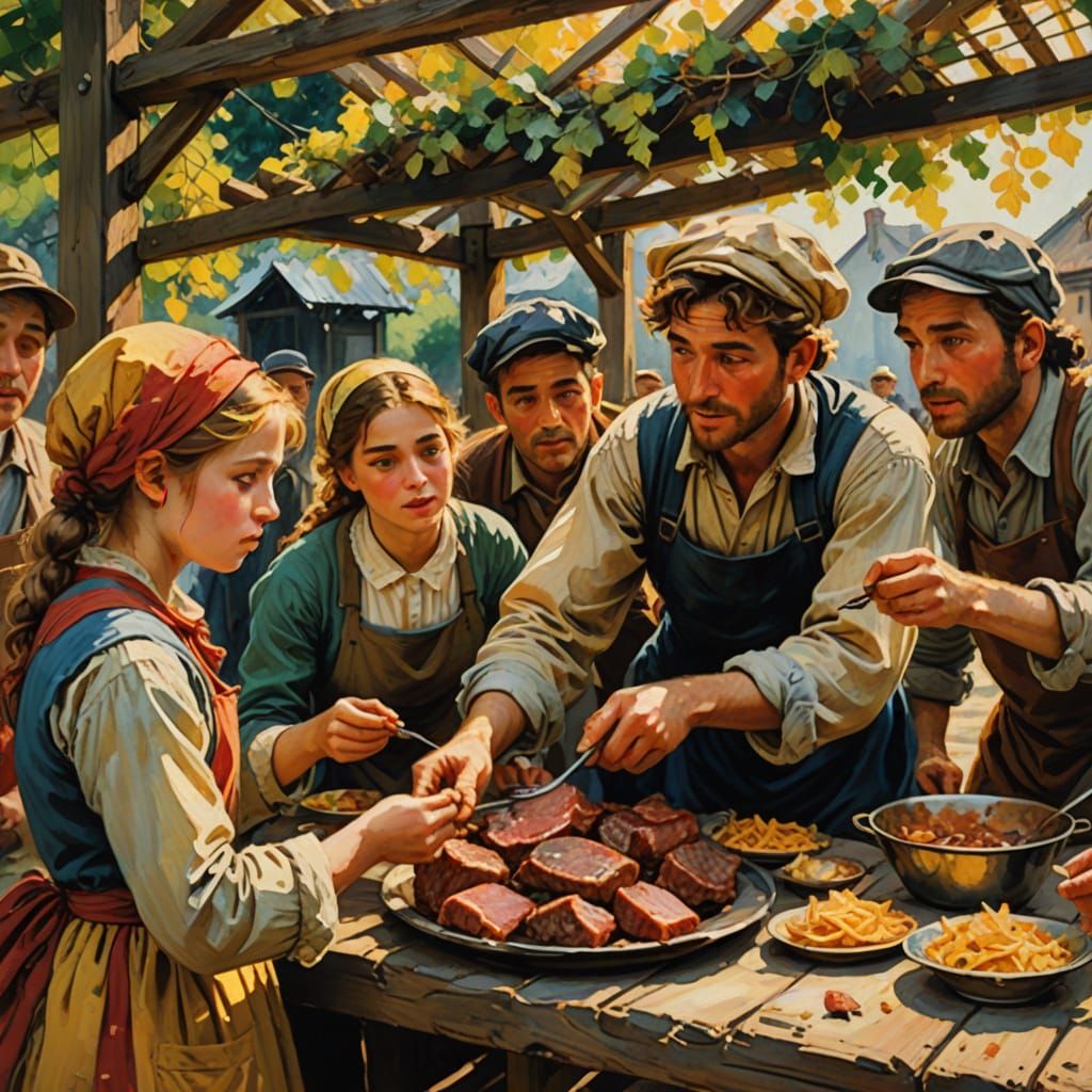 Wealthy Men Dine Under Canopy, a Poor Girl Waits B... - AI Art