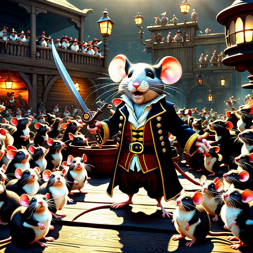 A mouse dressed as a pirate speaking to a crowd of mice who own the ...