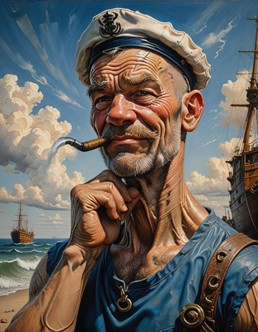 Create a hyperrealistic oil painting of Popeye the Sailor Man. He ...
