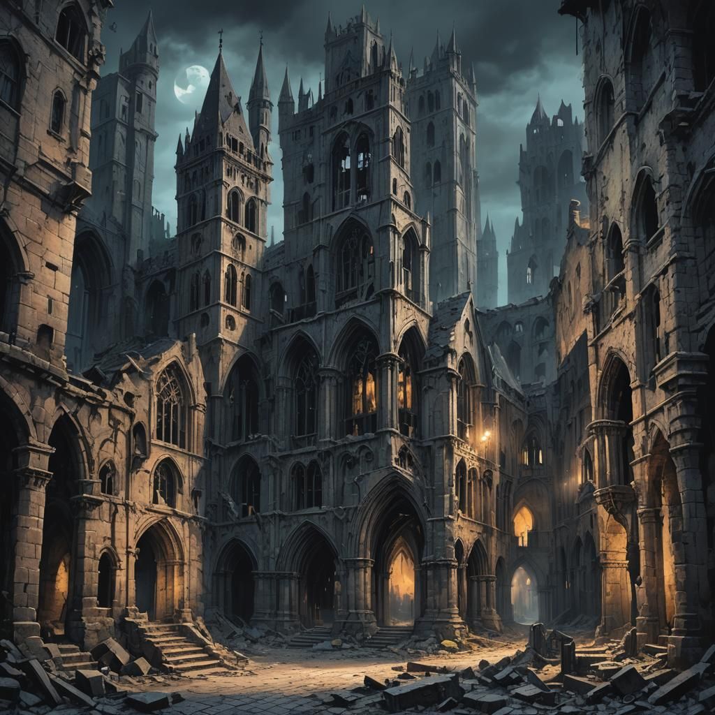 spectral, ghostly gothic medieval city, with ruins, ruined building ...