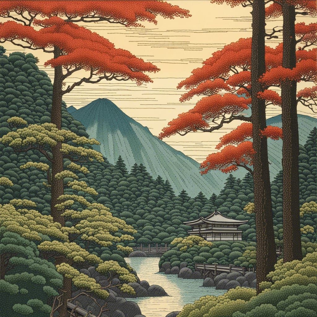 Traditional Japanese mountain forest landscape intricate by Hasui ...