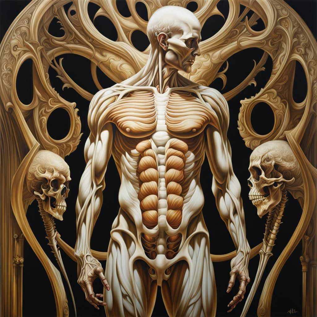 Full body male figure, bone and muscle visible through skin, anatomical ...