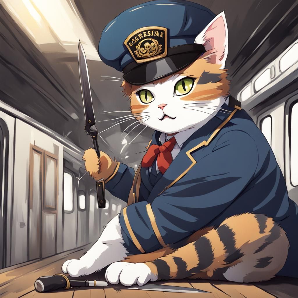 Cat sitting with a train conductor hat on its head, holding a knife in ...
