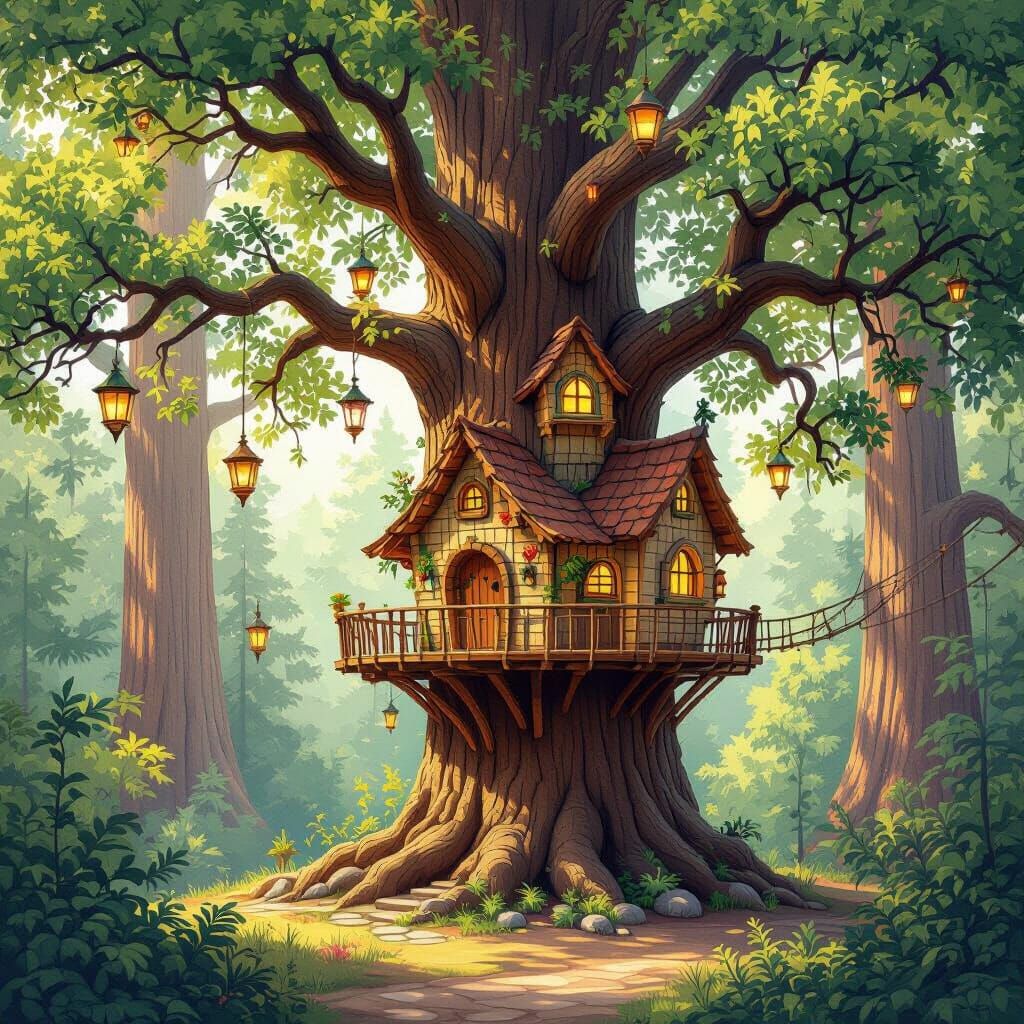 A whimsical treehouse village nestled among the branches of giant ...