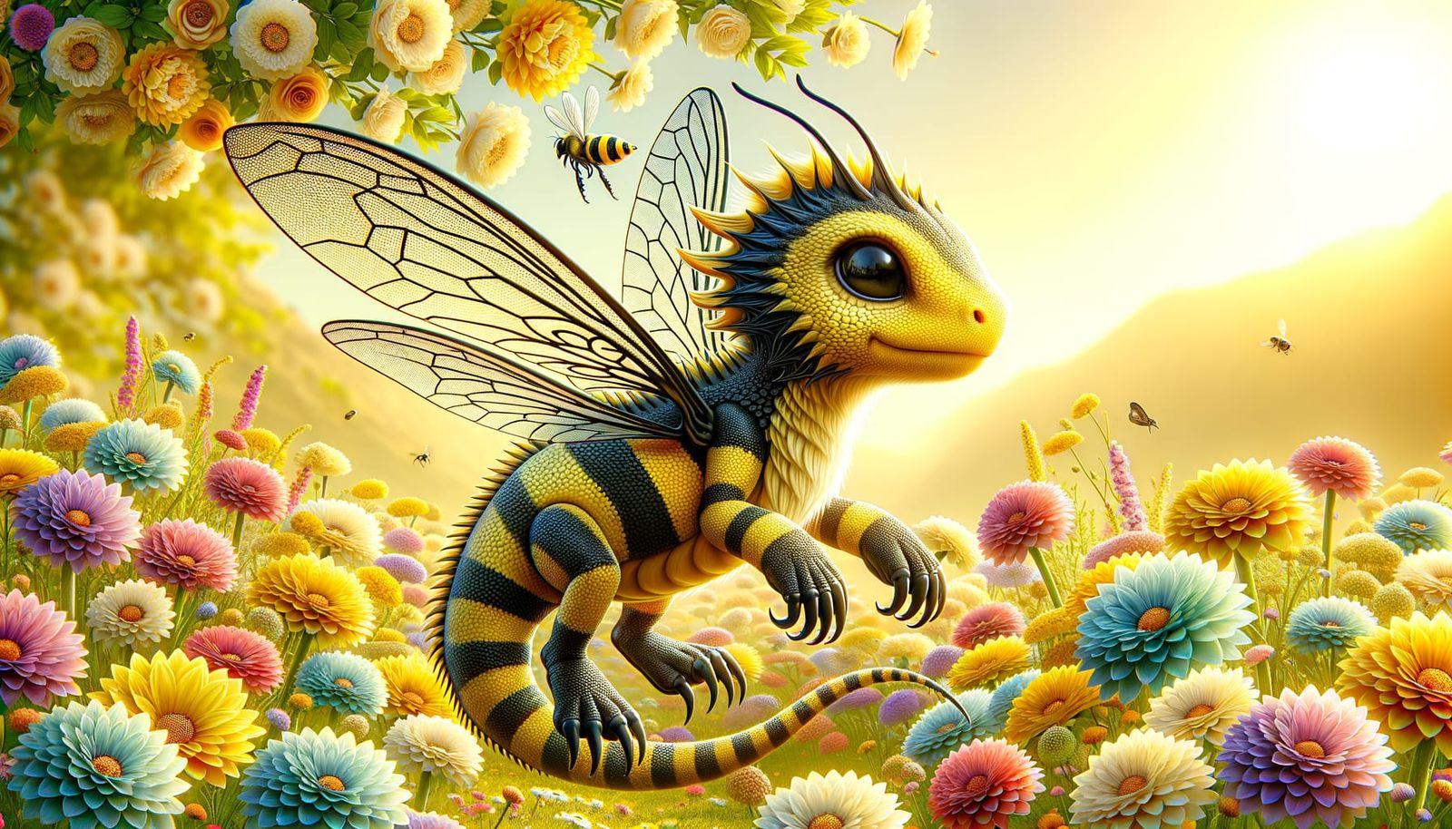 an adorable baby yellow and black striped dragon with scales ...