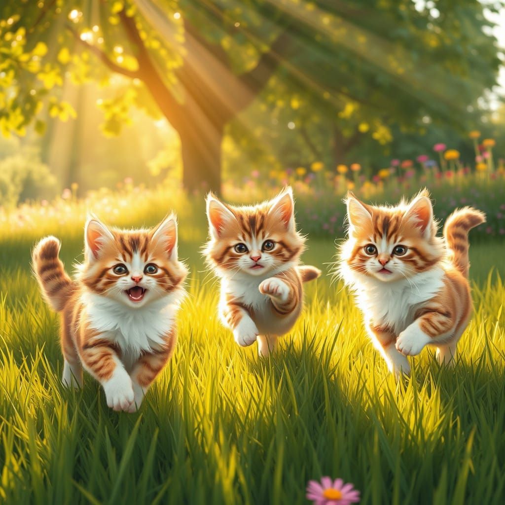 Whimsical Cats Frolic in Sunlit Meadow - AI Art