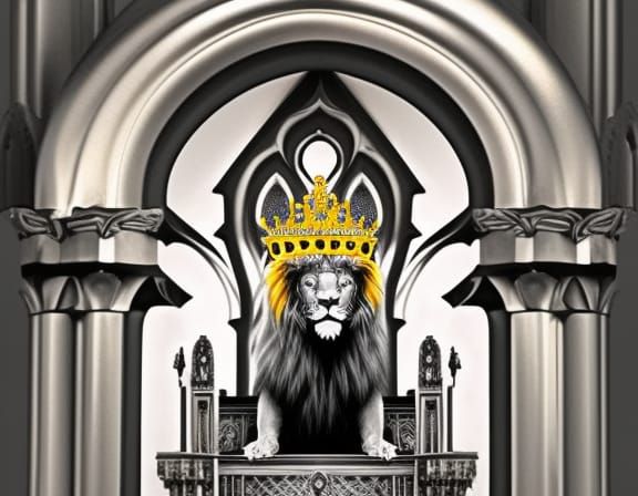 Majestic centered muscular lion sitting on a throne, wearing a golden ...