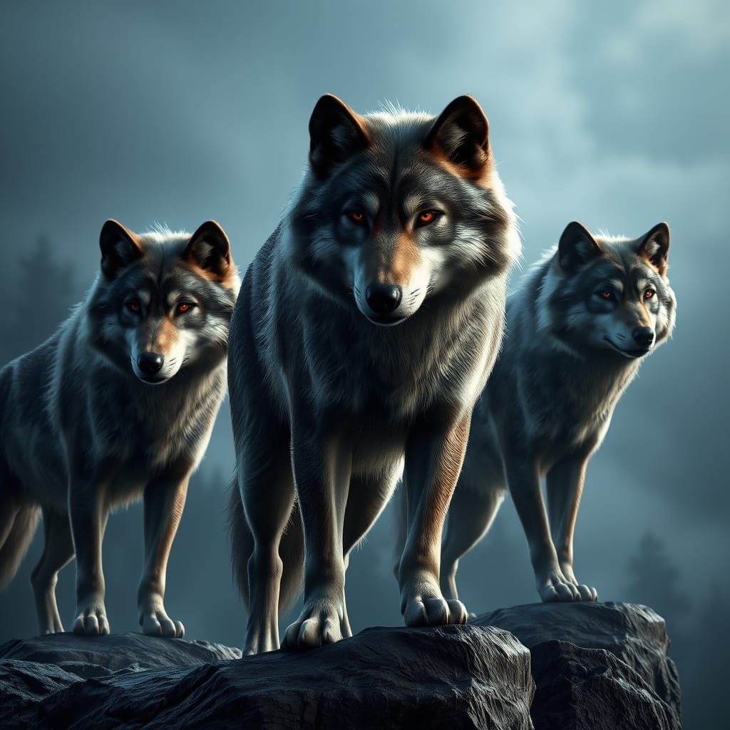 Dominant Wolf Pack Leader with Piercing Red Eyes a... - AI Art