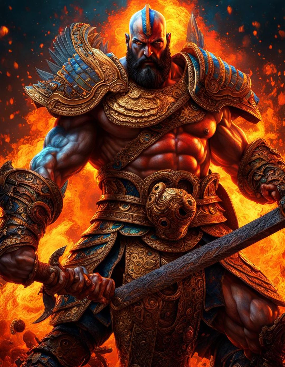 Ares, the god of war, firy , fiery eyes, muscular, strong, built, with ...
