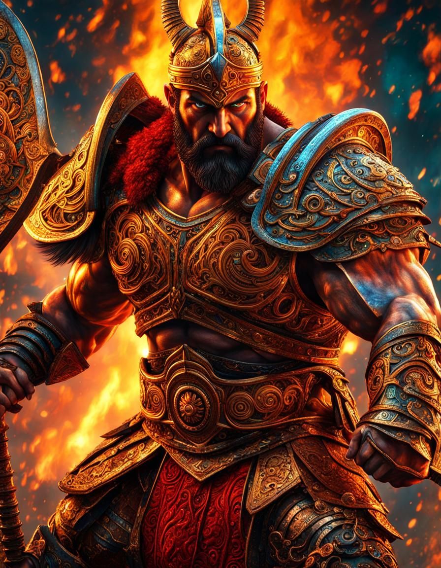 Ares, the god of war, firy , fiery eyes, muscular, strong, built, with ...