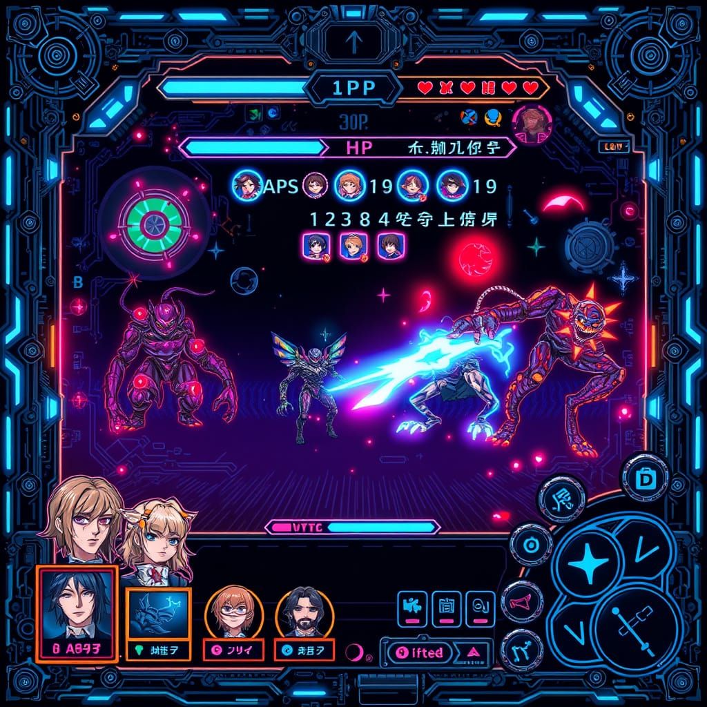 Biopunk Battle Screen in Vibrant Neon and Pixel Ar... - AI Art