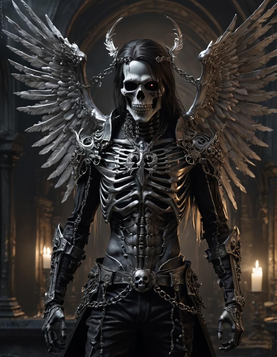 (macabre dark fantasy art of a male undead skeleton angel with skull ...