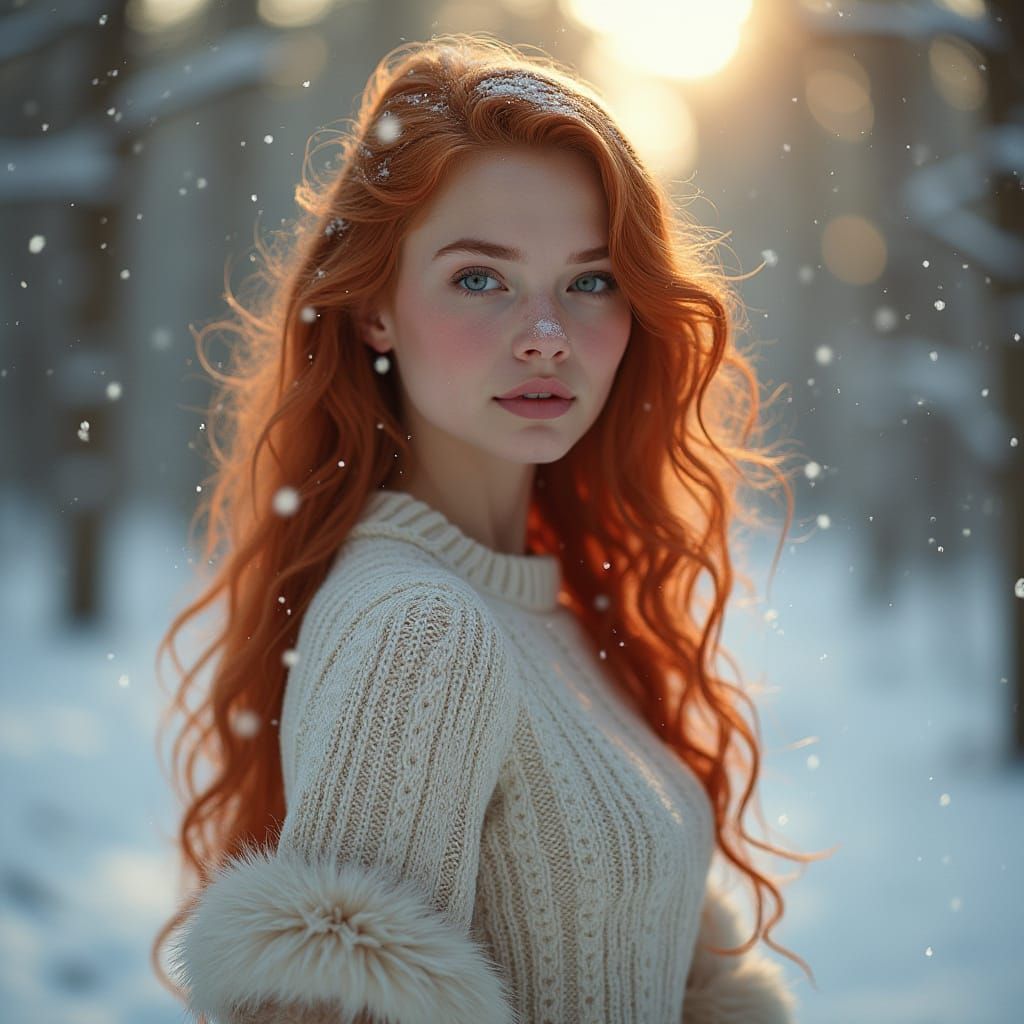 Ethereal Portrait of Red-Haired Woman in Snowy For... - AI Art