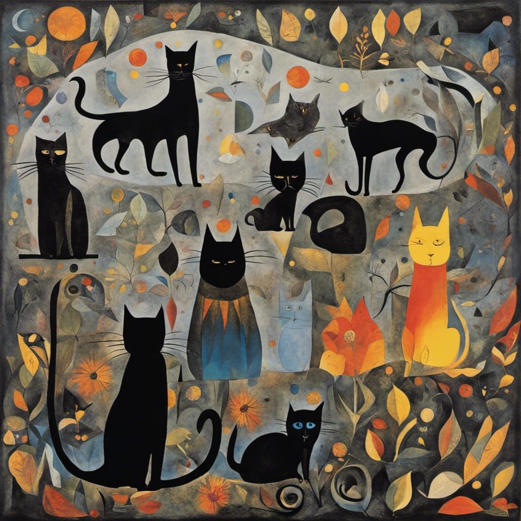 Witches and family of black cats in a Million Leaf and Dandelion ...