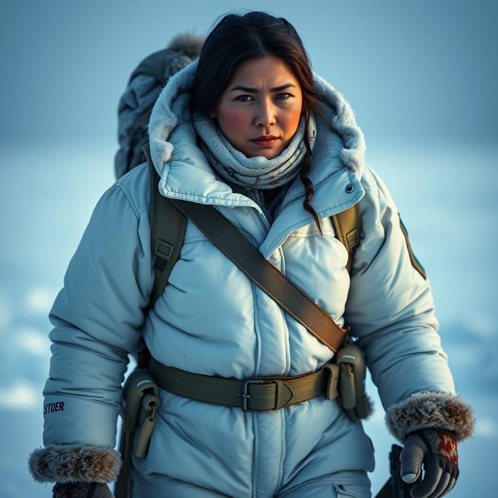 A stunning, hyperrealistic render of a beautiful Inuit woman walking ...