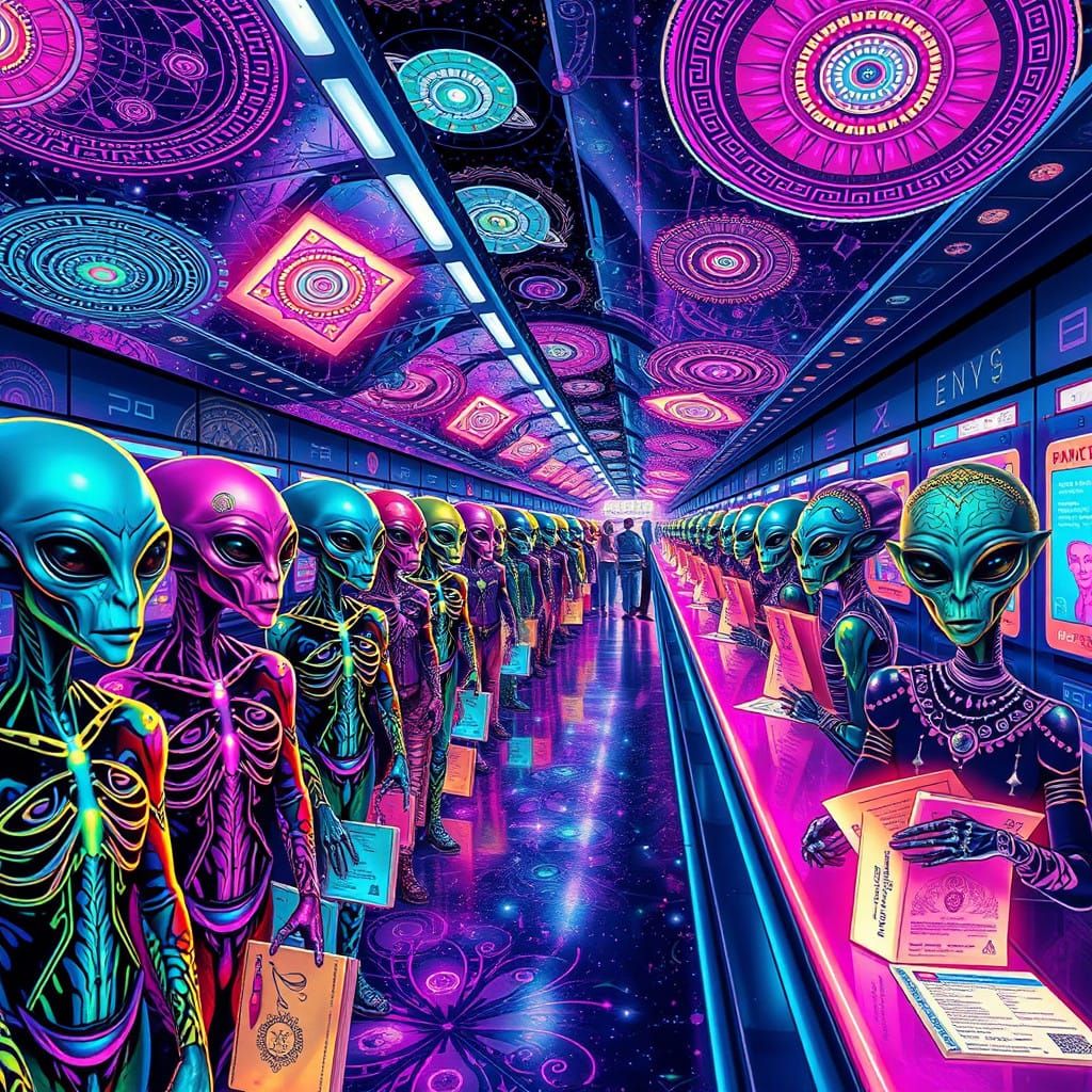 Bustling Alien DMV with Vibrant Cosmic Life - AI Art