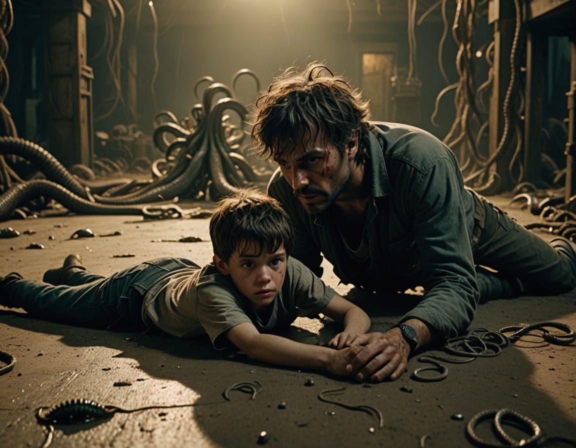 Post-Apocalyptic Boy Bound by Alien Creature in Ci... - AI Art