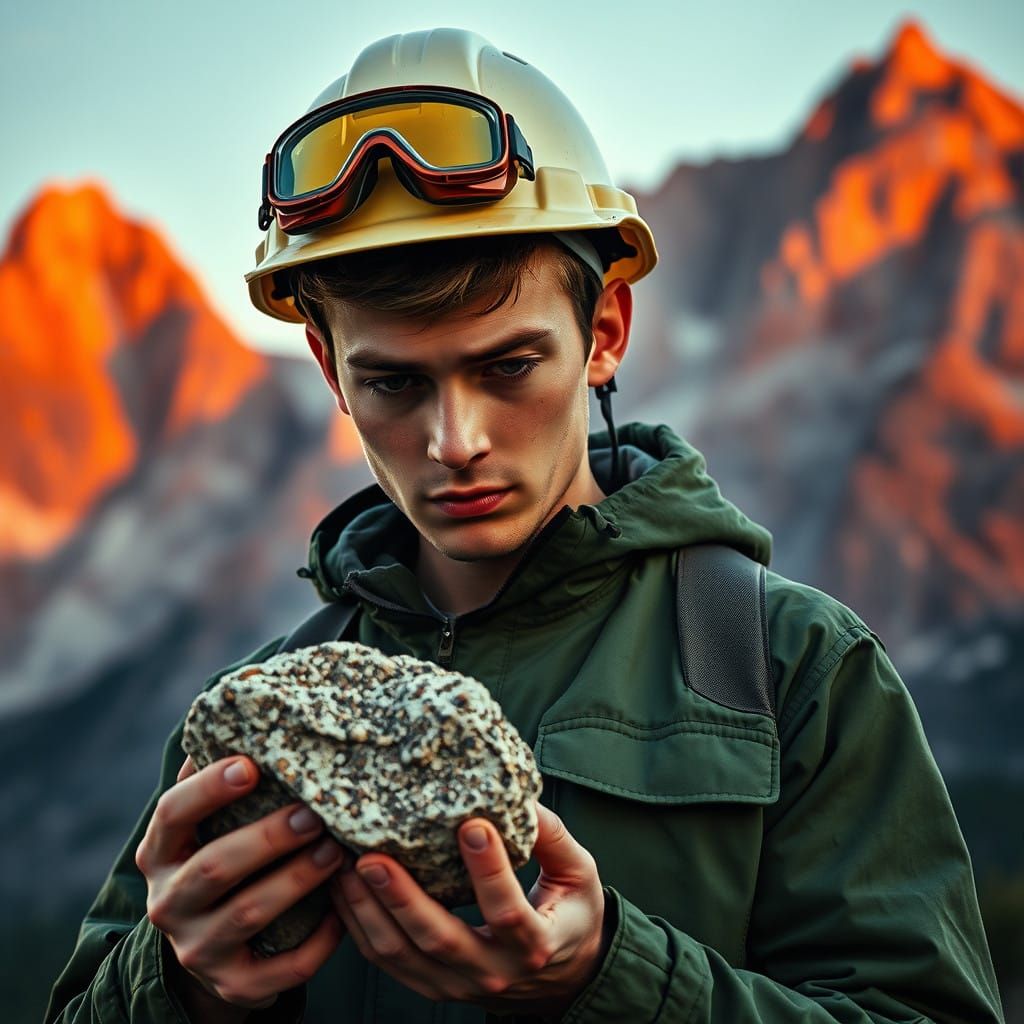 A young geologist - Young Geologist Examines Granite Rock in...