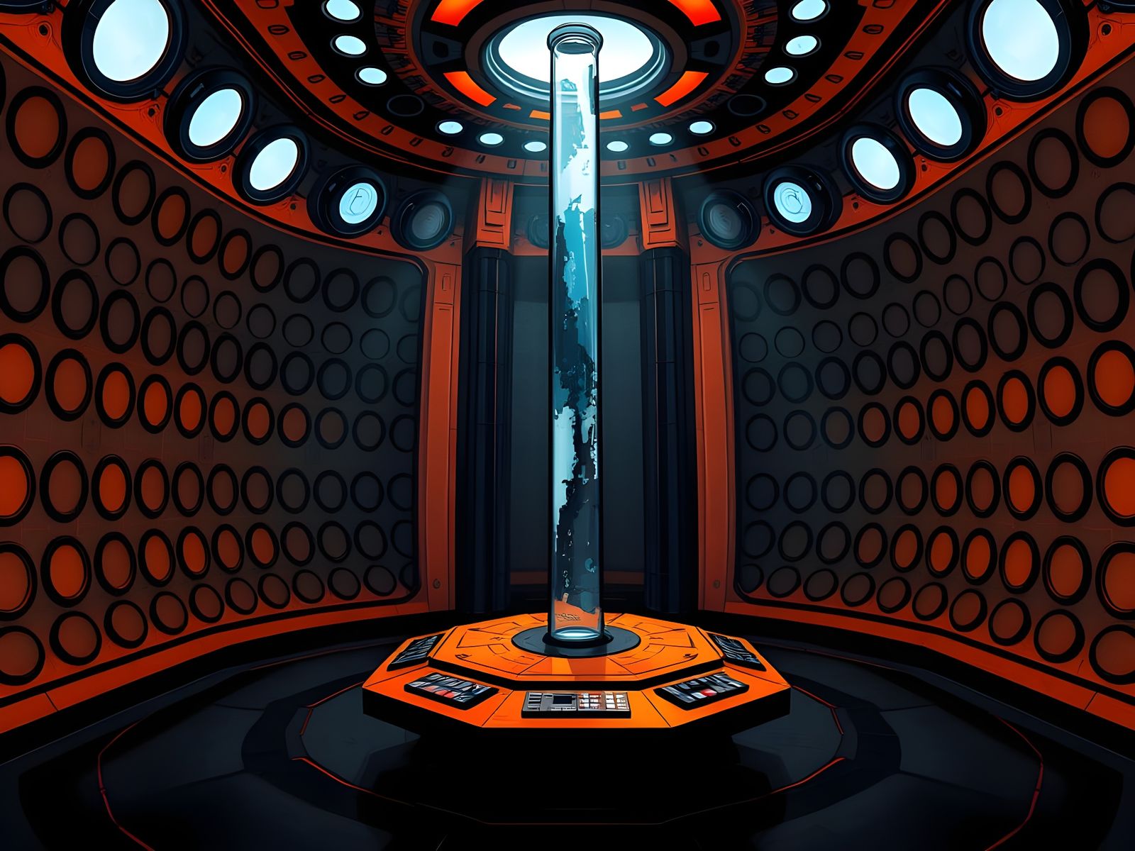 Futuristic TARDIS Control Room with Dynamic Orange... - AI Art
