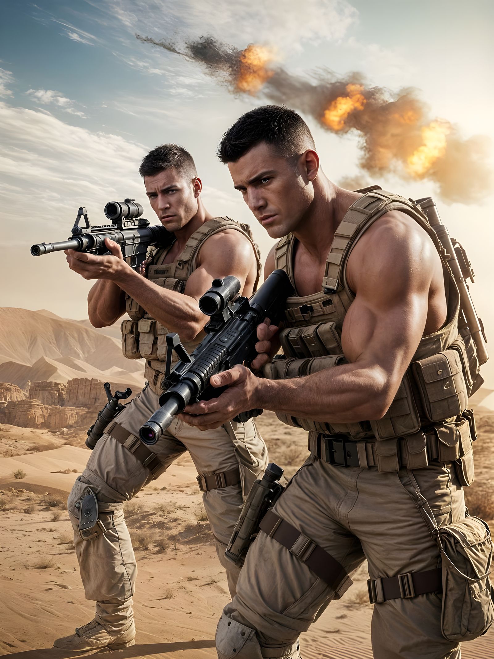 Muscular US Marines Engage in Intense Desert Comba... - AI Art