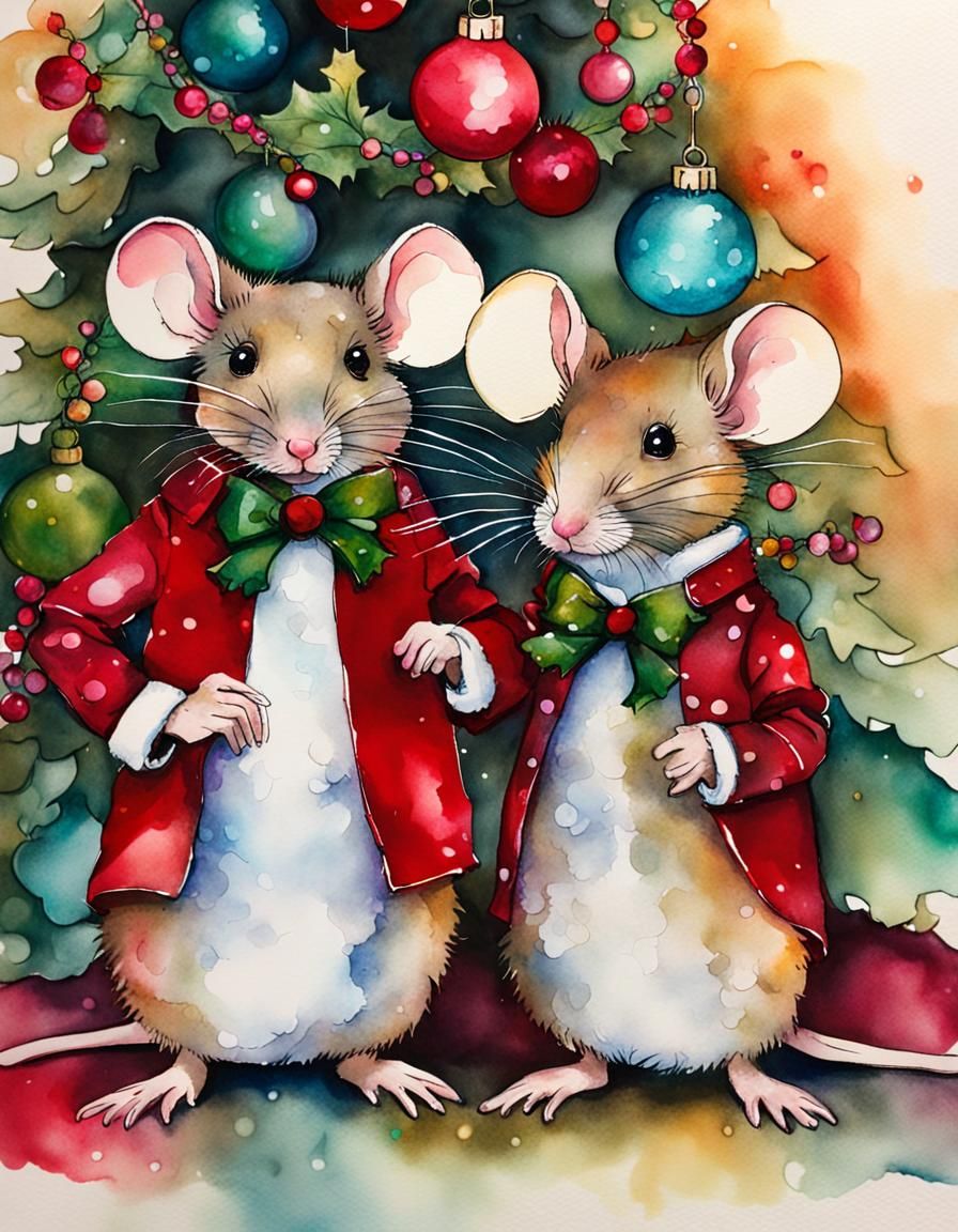 Alcohol ink. Christmas mice all dressed up for Christmas, standing by a ...