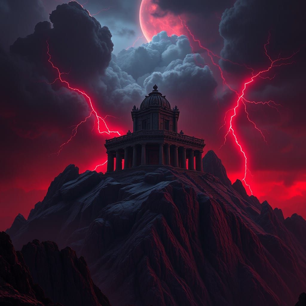 Ancient Dark Fantasy Temple in Crimson Landscape a... - AI Art