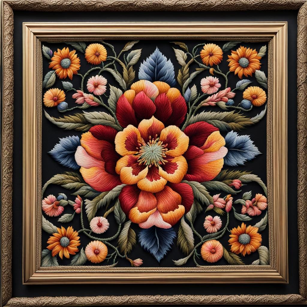 embrodery in a frame - Intricate Floral Embroidery in Waterc...