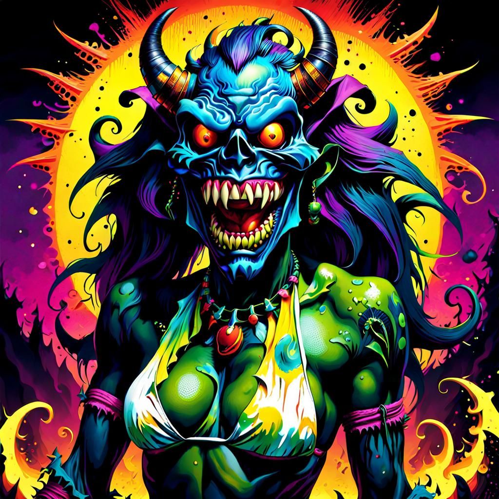 full body portrait, 1970's acid psychedelic voodoo demon with fangs ...