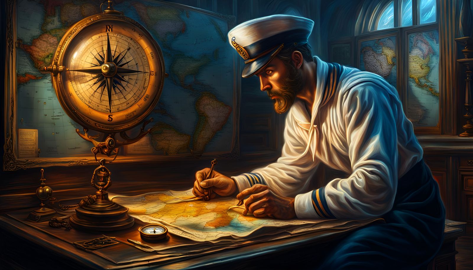 A sailor with a map and a compass determines the course in the pilot ...