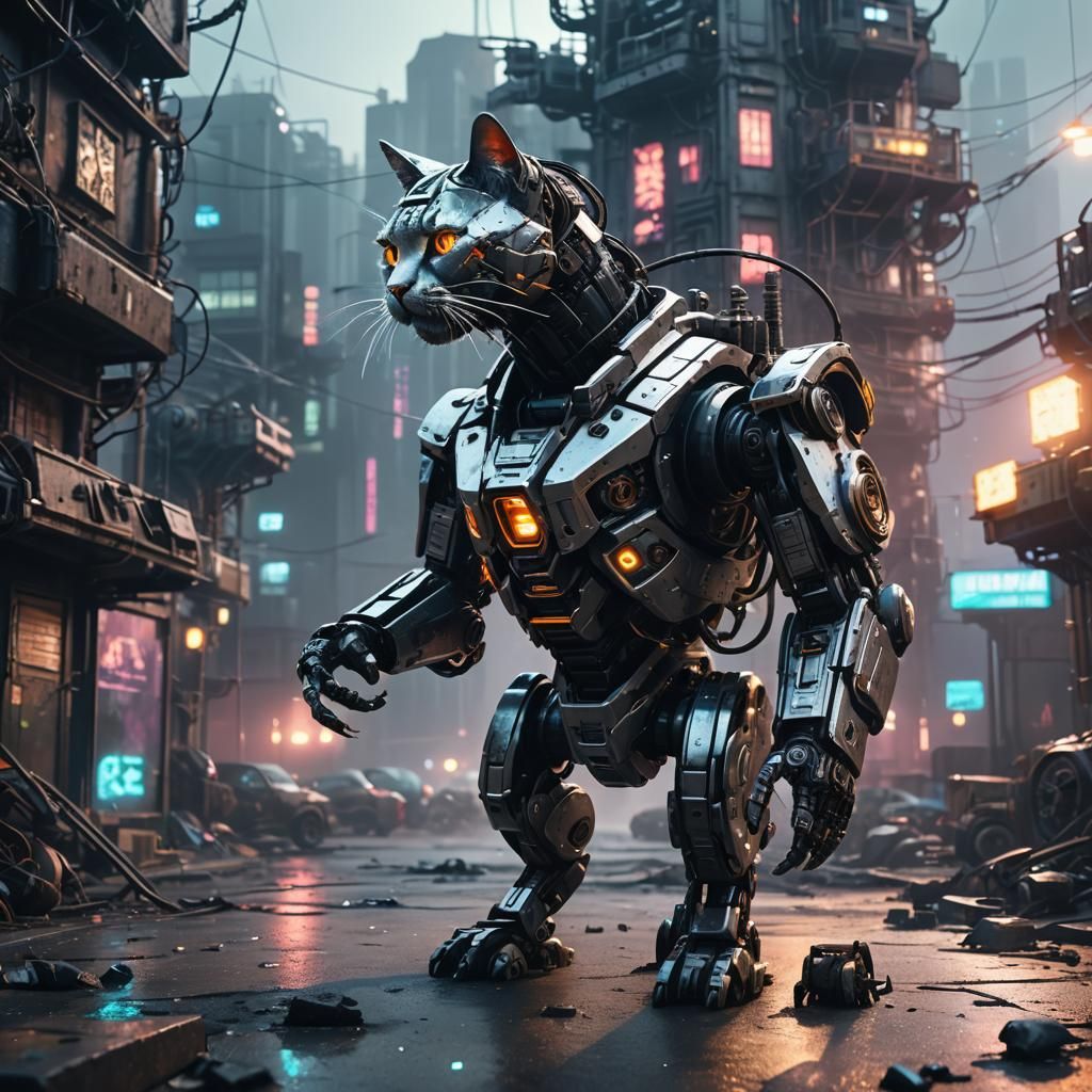 Cyberpunk Cat Mecha Controlled by a Rat in Urban L... - AI Art
