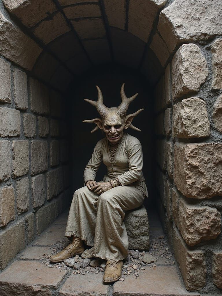 Deep within a forgotten catacomb, a grotesque statue of a forgotten ...