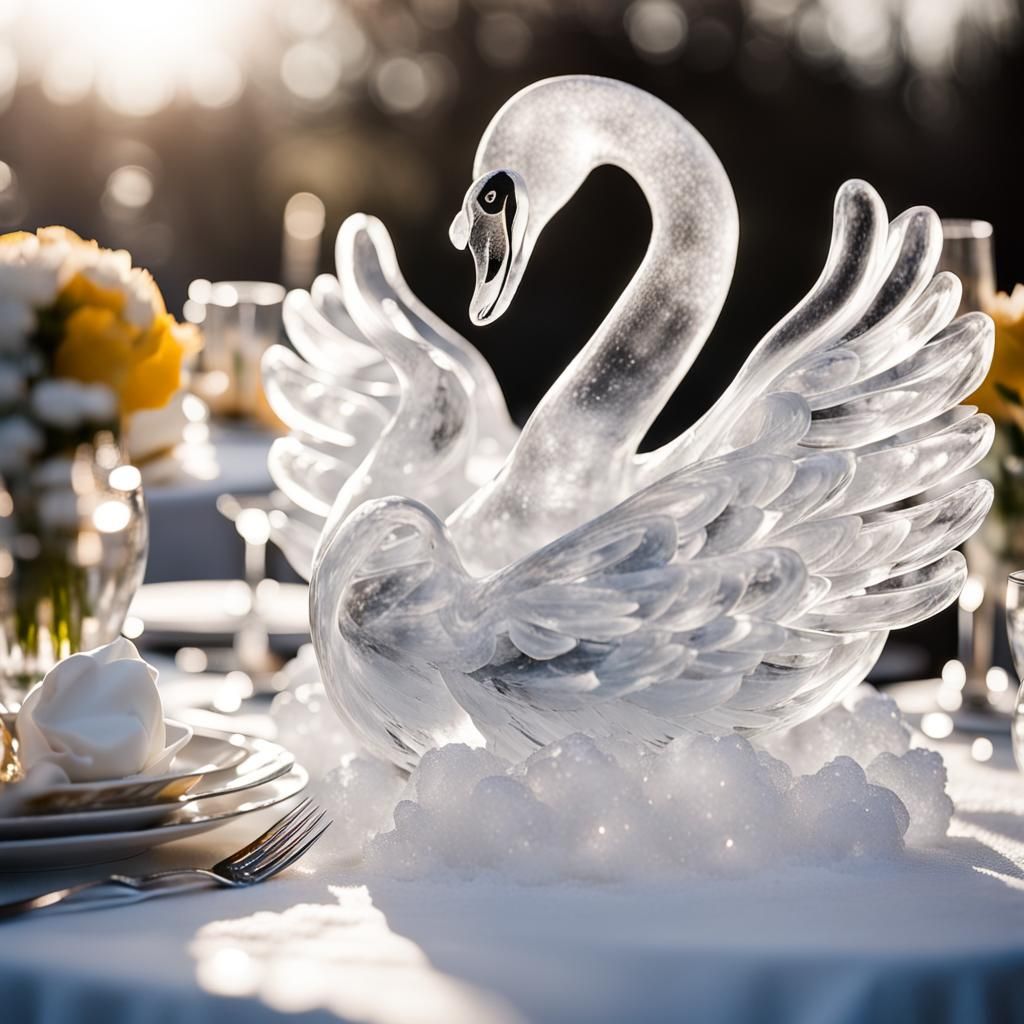 Swan ice sculpture on a wedding table heavenly sunshine beams divine ...