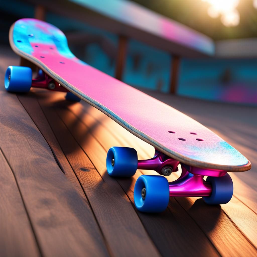 colorful skateboard with bright pink and blue wheels, sitting on a ...