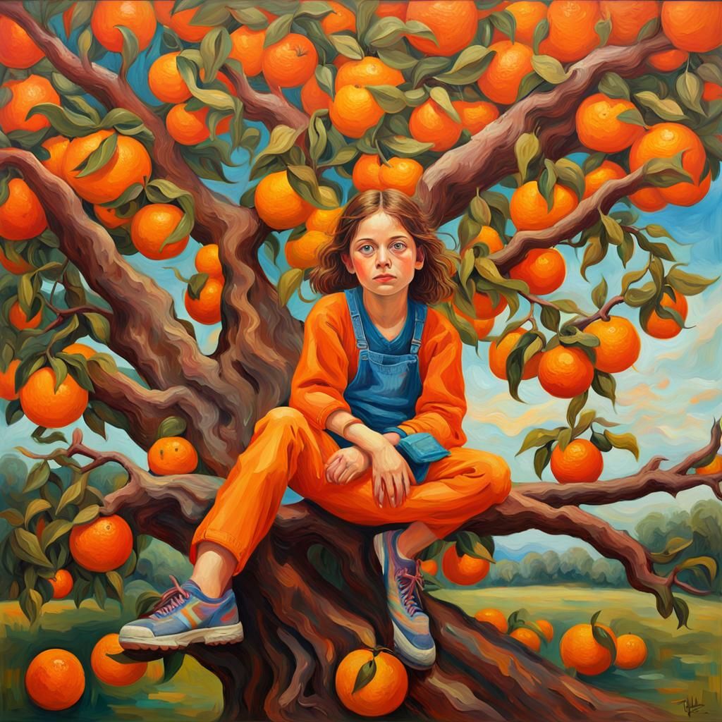 Girl sits on tree, Tangelo_colour palette - AI Generated Artwork ...