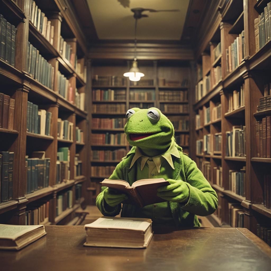 Foreground: Kermit holdings a book in his hands Background: Inside a old-fahioned library with ...
